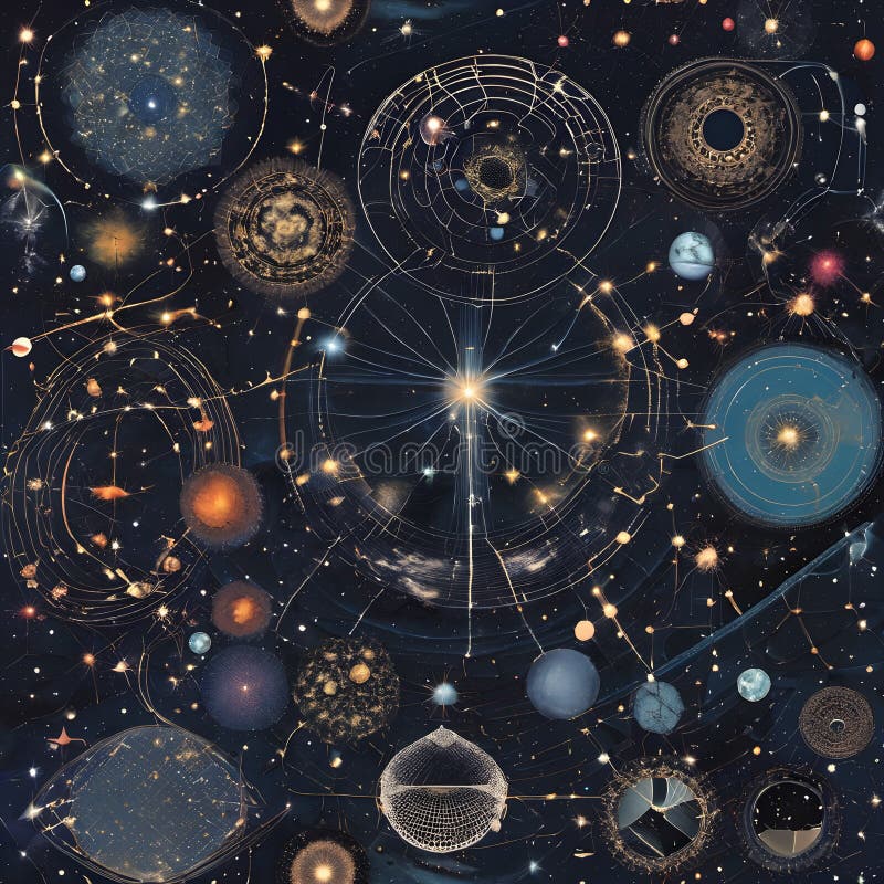 Abstract Cosmic Network with Celestial Bodies and Golden Lines Stock ...