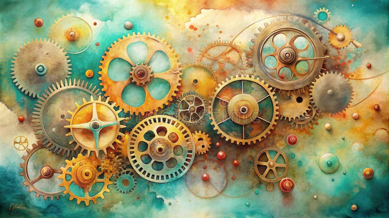 An Intricate Watercolor Depiction of Interlocking Gears and Sprockets ...