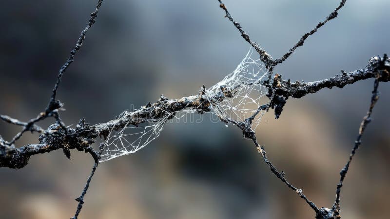 Intricate Web of Nature Close-up of Delicate Spider Silk on Barbed Wire ...