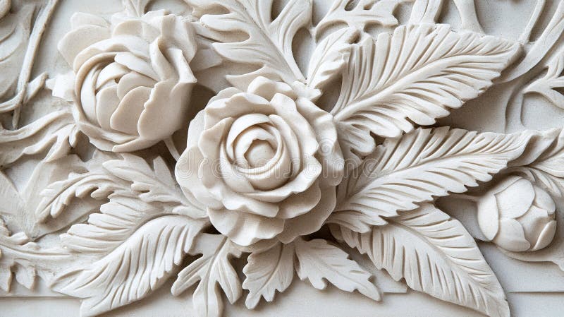 Intricate White Floral Carving Featuring Roses and Leaves Displayed ...