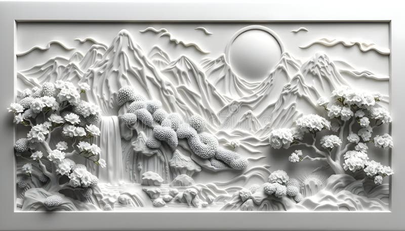 Intricate White Relief of Serene Mountain Landscape with Waterfall and ...