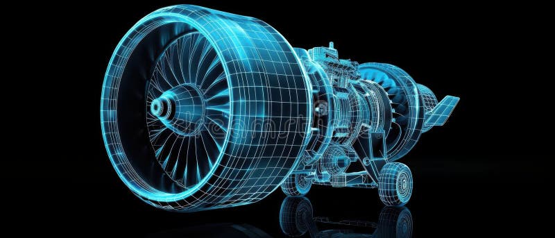 Intricate Wireframe Digital Illustration of a Jet Engine, Highlighting ...