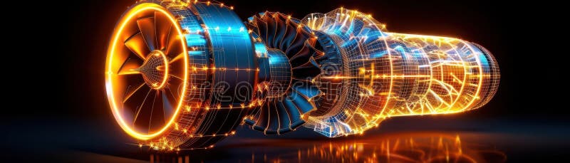 Intricate Wireframe of Futuristic Jet Engine, Glowing Contours in Dark ...