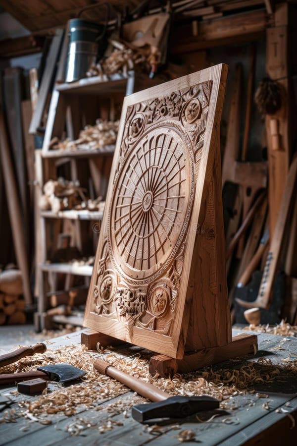 Intricate Wooden Carving Display in Rustic Workshop with Tools and Wood ...
