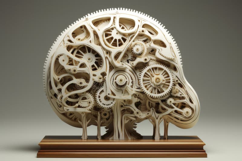 Intricate Wooden Gear Brain Sculpture on Display Stock Image - Image of ...
