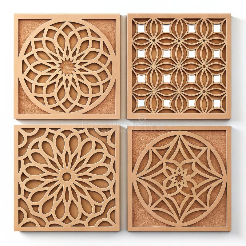 Intricate Wooden Laser-cut Panels with Decorative Patterns on a White ...
