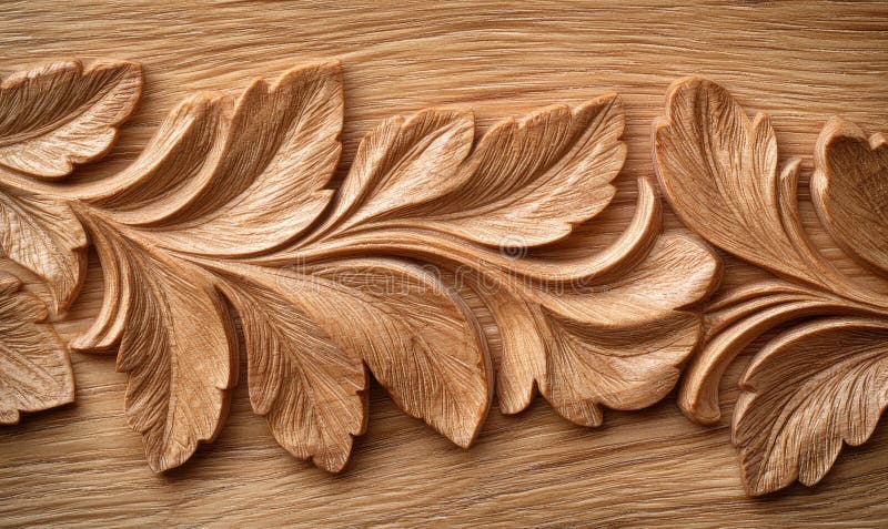 Intricate Wooden Leaf Carving on a Textured Surface Stock Illustration ...