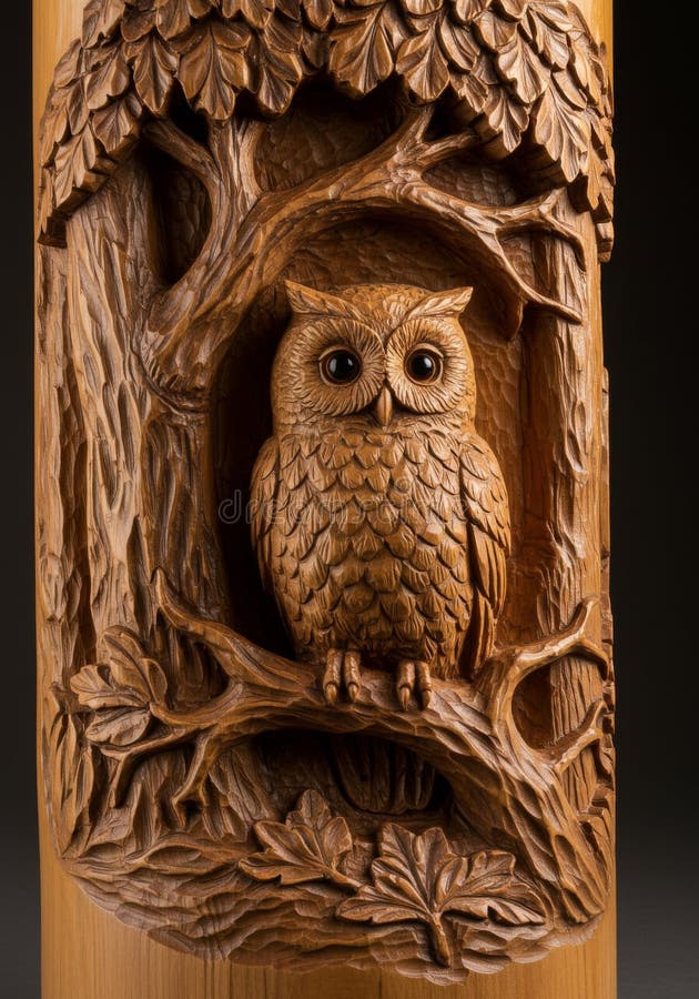 Intricate Wooden Owl Carving on Tree Branch Stock Illustration ...