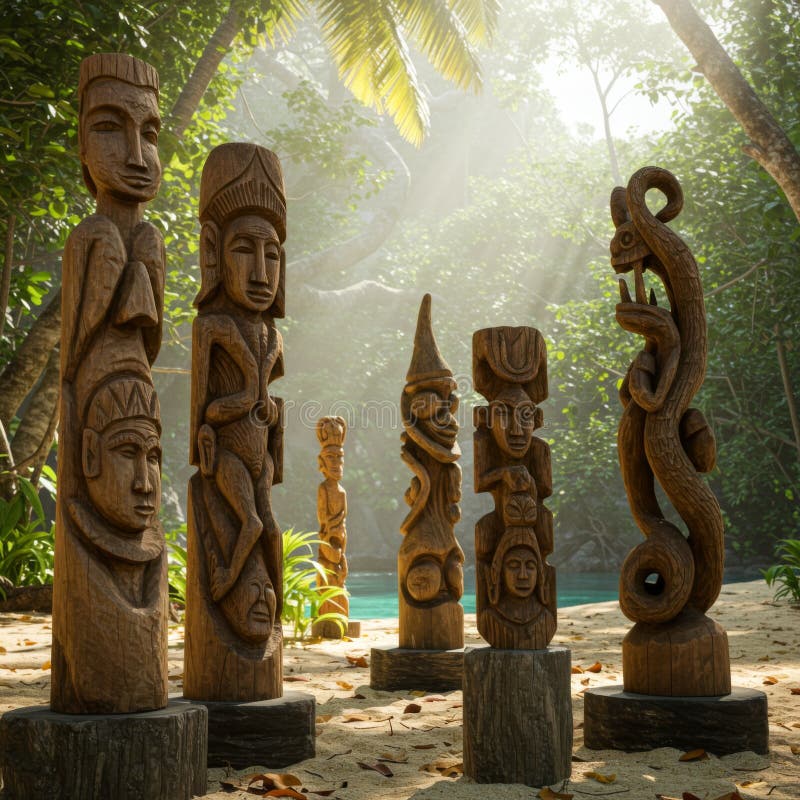 Intricate Wooden Statues on Tropical Beach Stock Illustration ...