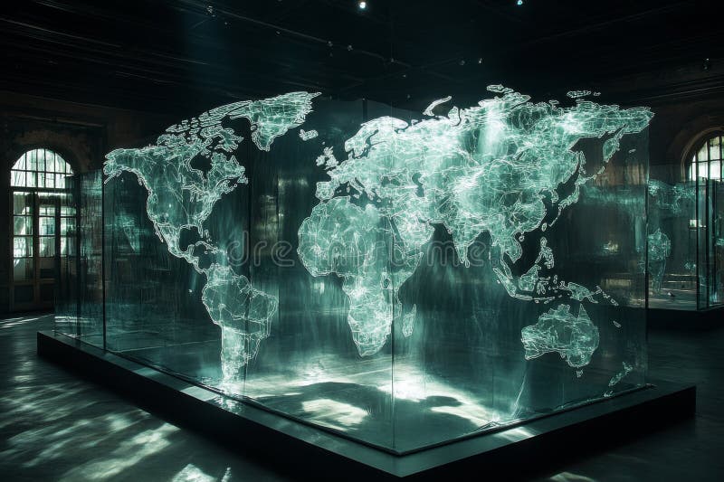 Unique World Map Artwork Displayed in a Museum with Illuminated Glass ...