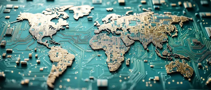 Intricate World Map Made of Computer Chips Showcasing a Seamless Blend ...