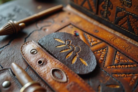 Intricately Carved Leather Craft with Ethnic Patterns and Tools Stock ...