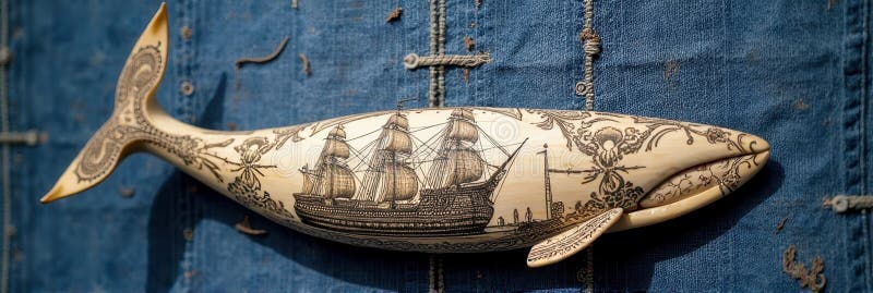 Intricately Carved Wooden Whale with Sailing Ship Engravings on Rustic ...