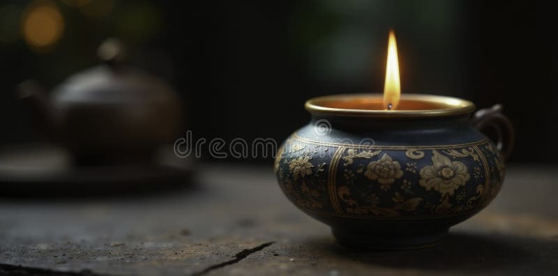 Intricately Decorated Ceramic Tea Vessel with a Small Flame, Glowing ...