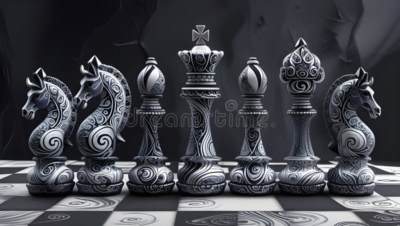 Ornate Black and White Chess Pieces on a Chessboard Stock Illustration ...