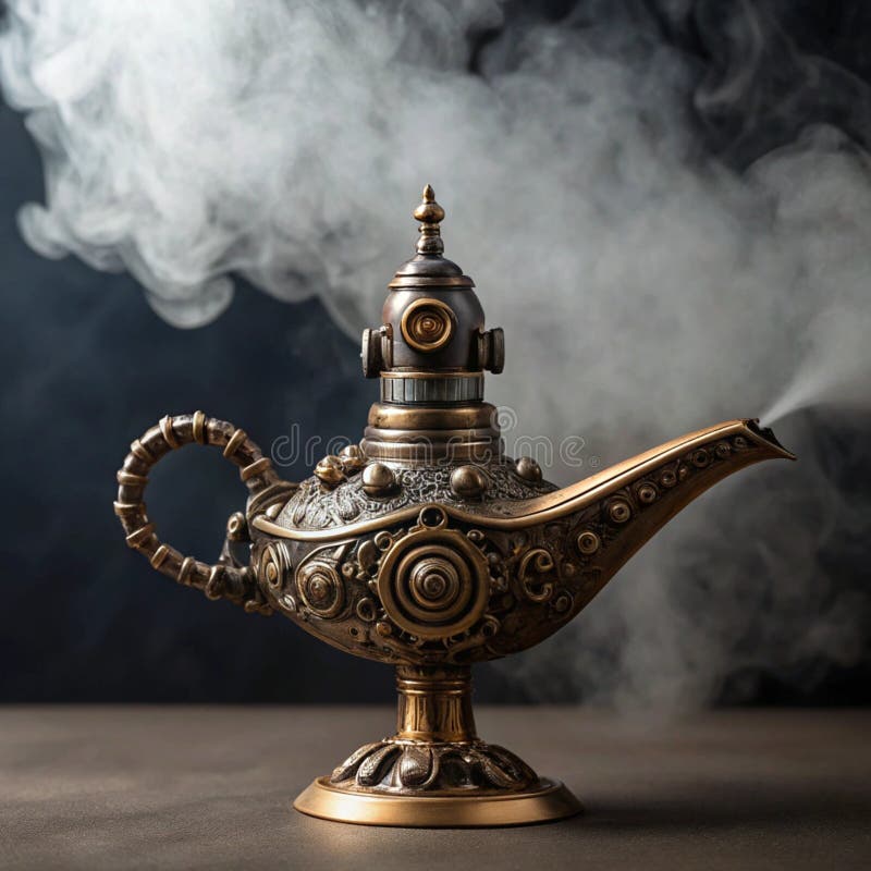 A Cybernetic Steampunk Genie Emerging from a Brass Lamp with Steam ...