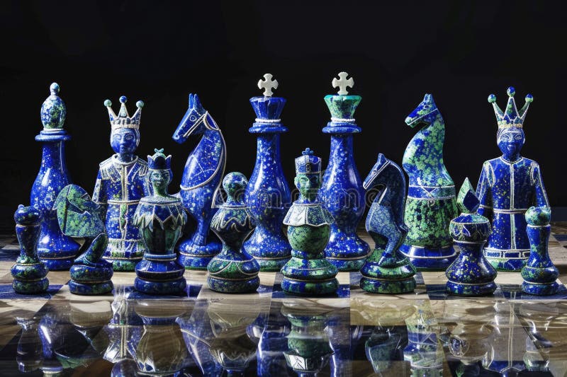 Intricately Designed Cobalt Blue and Emerald Green Chess Set on ...