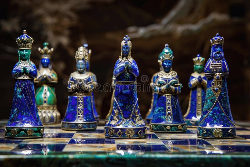 Intricately Designed Cobalt Blue and Emerald Green Chess Set on ...
