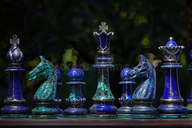 Intricately Designed Cobalt Blue and Emerald Green Chess Set on ...