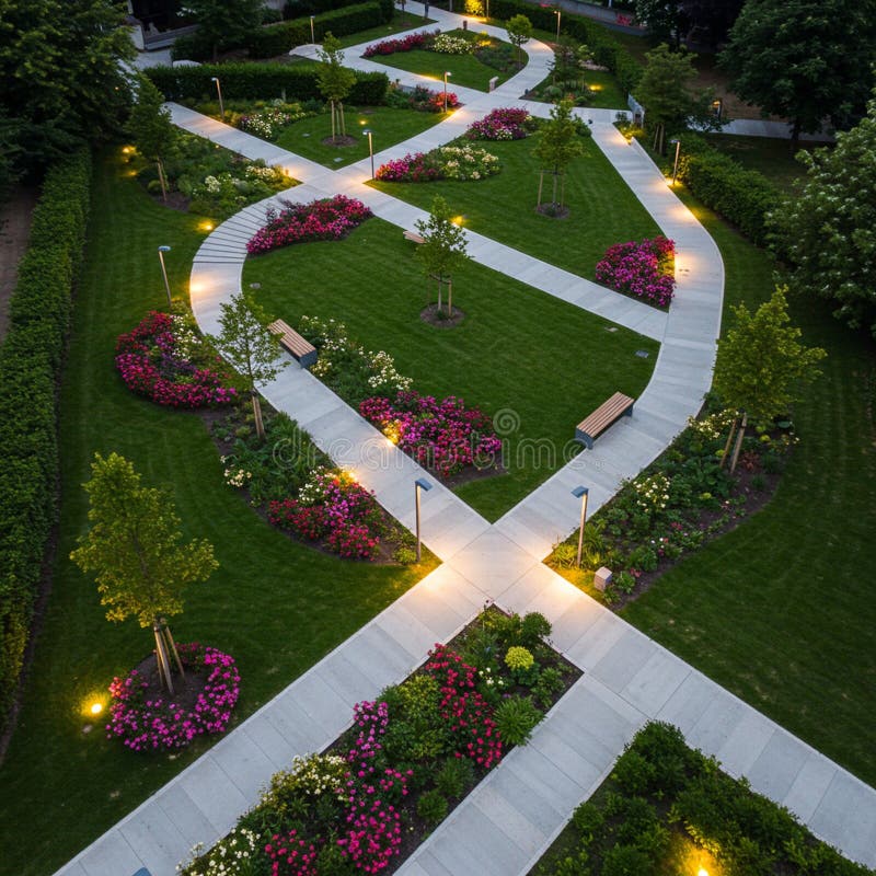 Intricately Designed Garden Featuring Curving Pathways Intersecting at ...