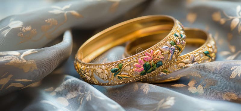 Intricately Designed Gold Bangles with Floral Patterns on Elegant ...