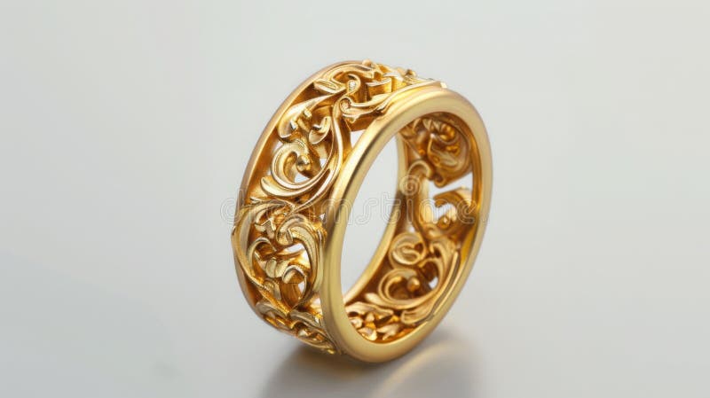 Intricately Designed Gold Ring with Filigree Pattern Against Light Gray ...