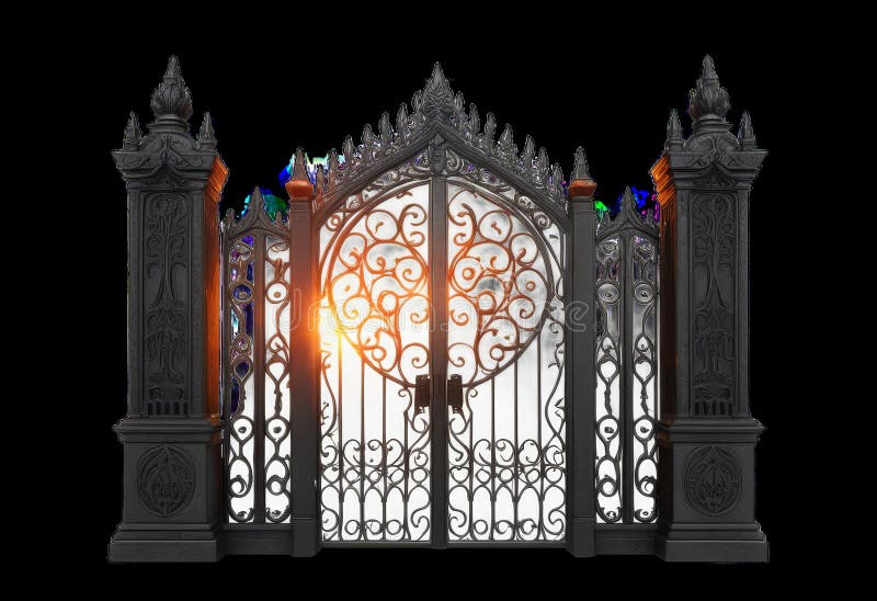 Intricately Designed Gothic Iron Gate with Sunlight Reflection Stock ...