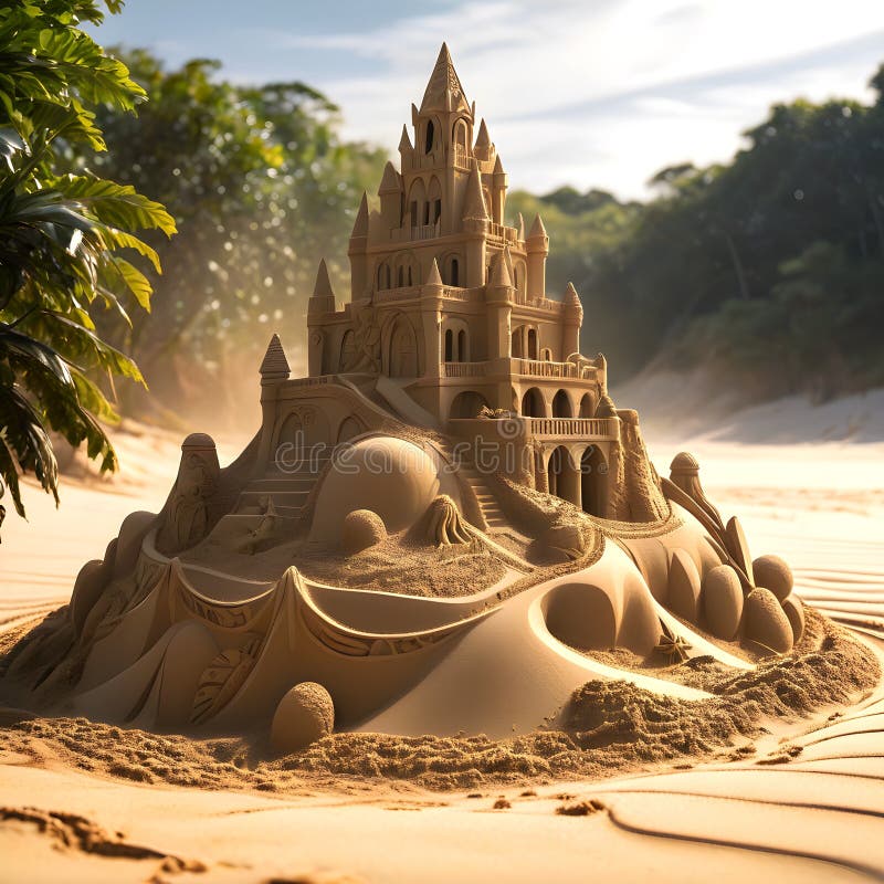 Intricately Designed Sandcastle in the Midst of a Sunny Beach, Blending ...