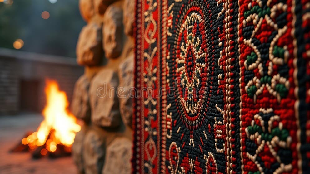 Intricately Designed Tapestry by Outdoor Fire Pit with Stone Wall ...