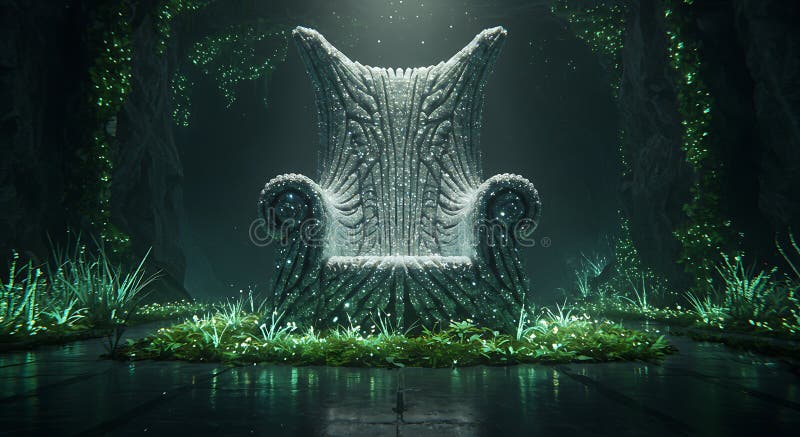 An Intricately Designed Throne Stands Illuminated in an Ethereal Forest ...