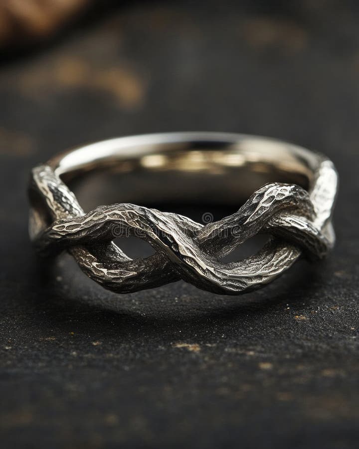 Intricately Designed Twisted Silver Ring with Textured Pattern Stock ...