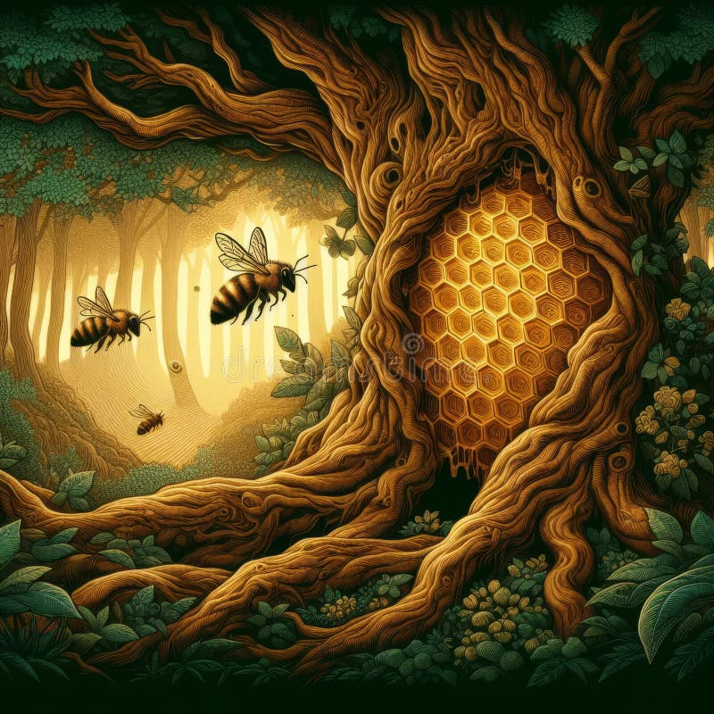Bees and Honeycomb in a Magical Forest Scene Stock Image - Image of ...