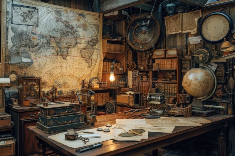 Vintage Explorer S Study Room with Antique Map. Resplendent. Stock ...