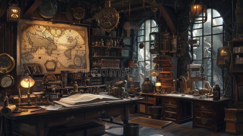 Vintage Explorer S Study Room with Antique Map. Resplendent. Stock ...