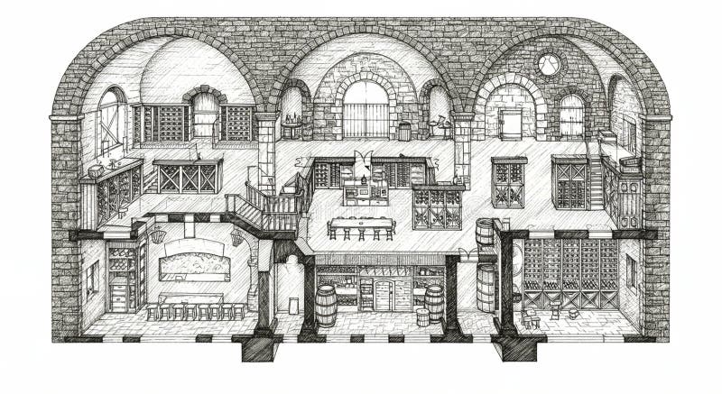 Intricately Drawn Architectural Cutaway of a Multi-level Building ...