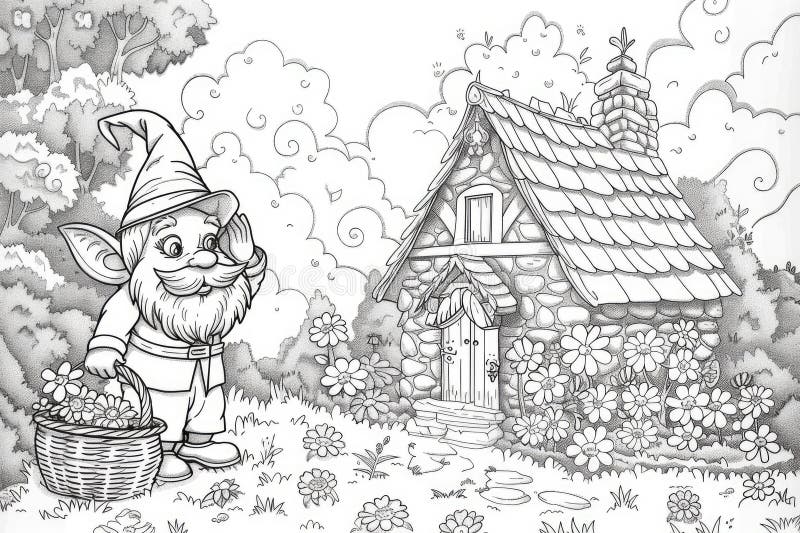 An Intricately Drawn Coloring Page Featuring a Gnome, a Quaint House ...