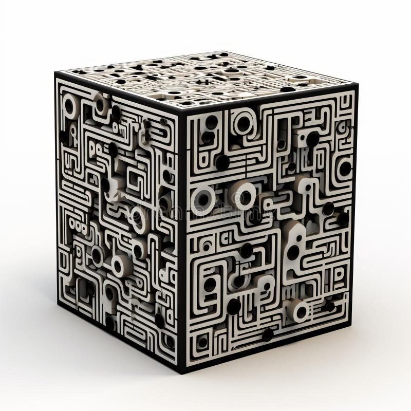 Intricately Patterned Circuitry Cube in Monochromatic Color Scheme ...