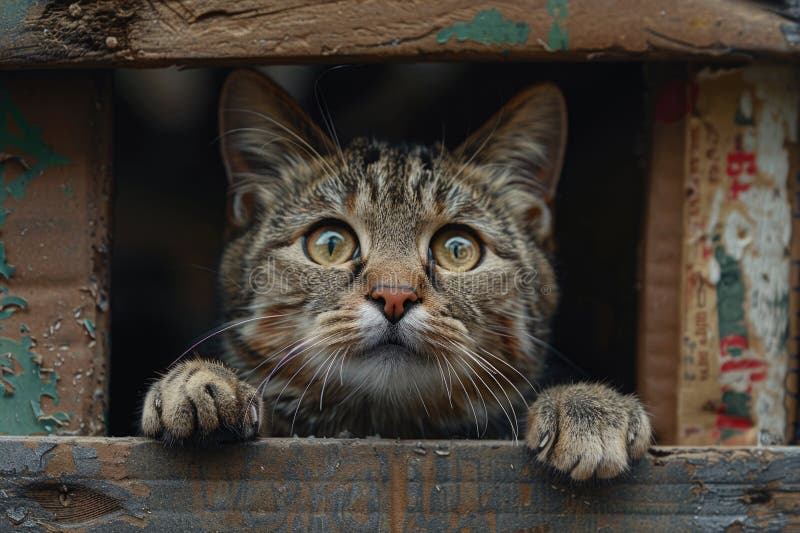 Intrigued Tabby Cat S Eyes and Paws Above a Box Edge. Stock Photo ...