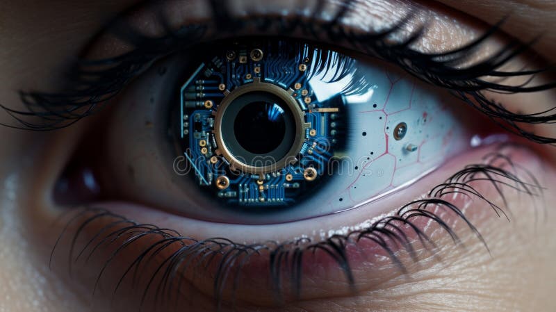 An Intriguing Close-Up of an Eye with a Circuit Board Iris Stock Image ...