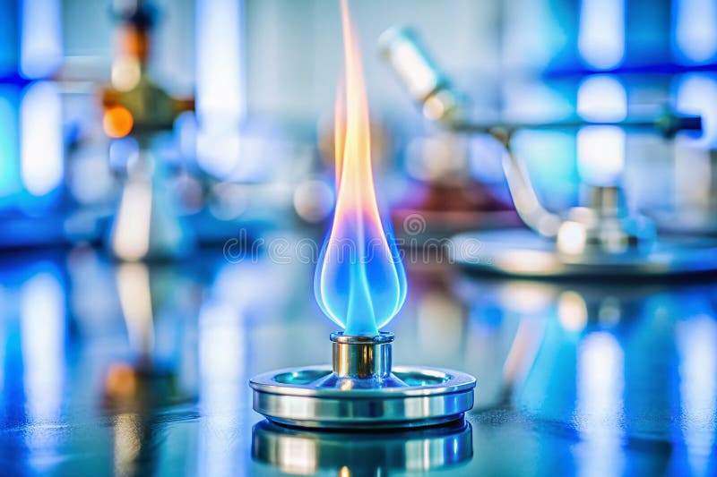 Intriguing Closeup of a Miniature Lab Burner with Vibrant Blue Flame a ...
