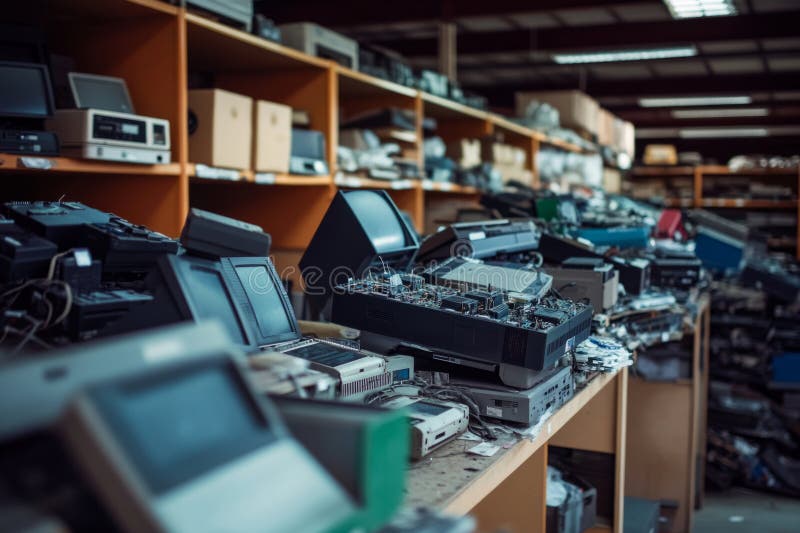 Abandoned Electronic Devices are Piled on Shelves in a Warehouse. the ...