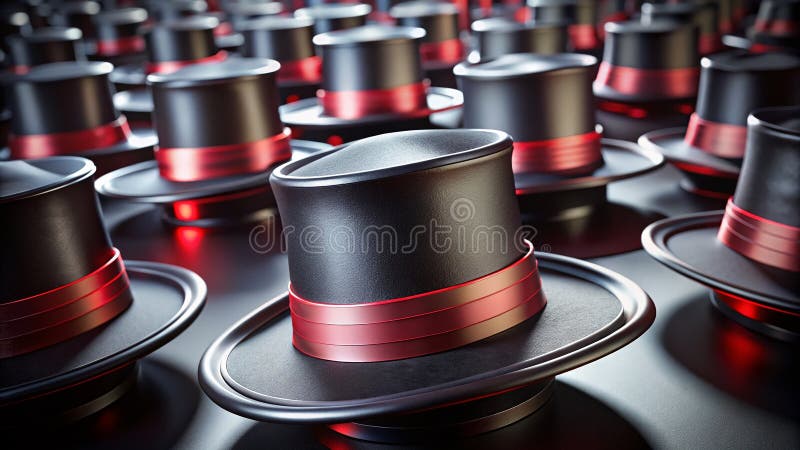 Intriguing 3D Renderings of Multiple Black Magician Hats with Red ...