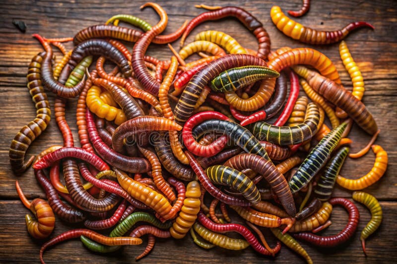 Intriguing Earthworm Collection a Diverse Display on a Rustic Wooden ...