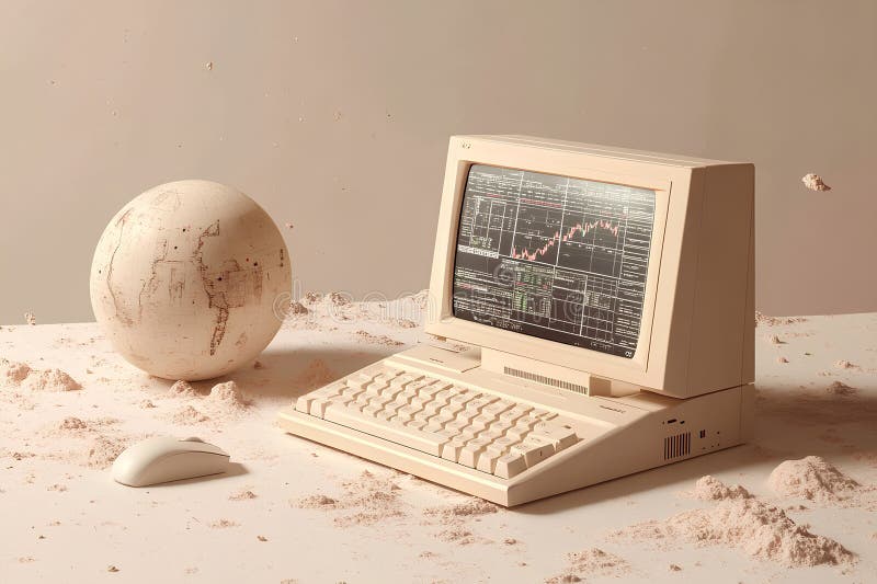 A Computer Monitor and a Globe on the Sand. Stock Illustration ...