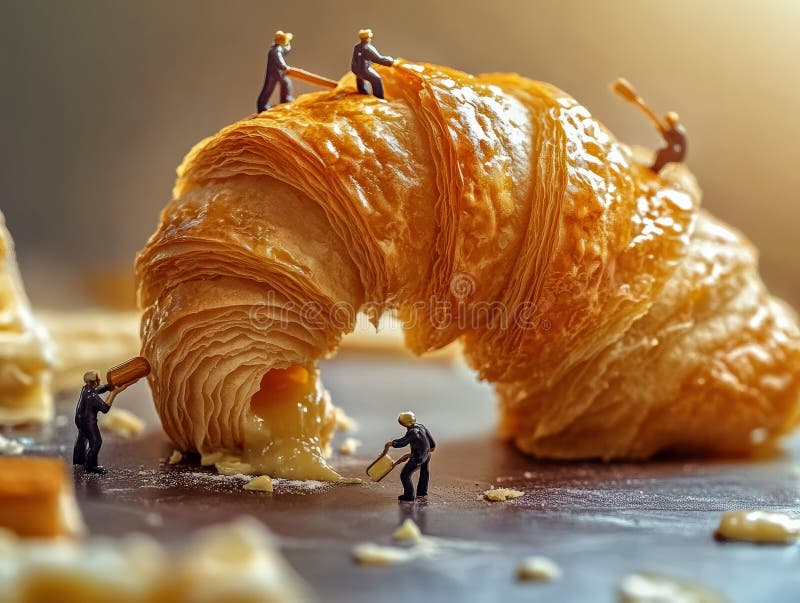 Miniature Figures Building a Flaky Croissant, Symbol of Delight Stock ...