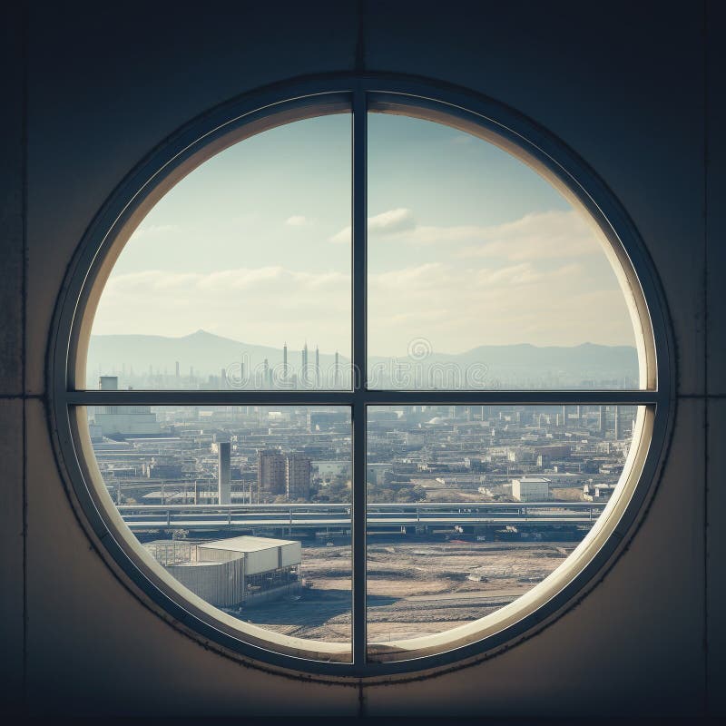 Overlooking a Bustling Manufacturing Plant through a Circular Window ...