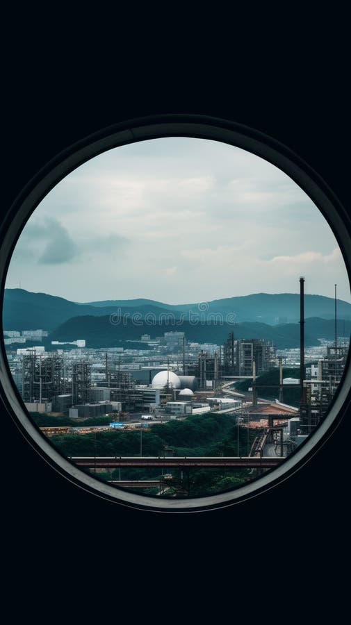 Overlooking a Bustling Manufacturing Plant through a Circular Window ...
