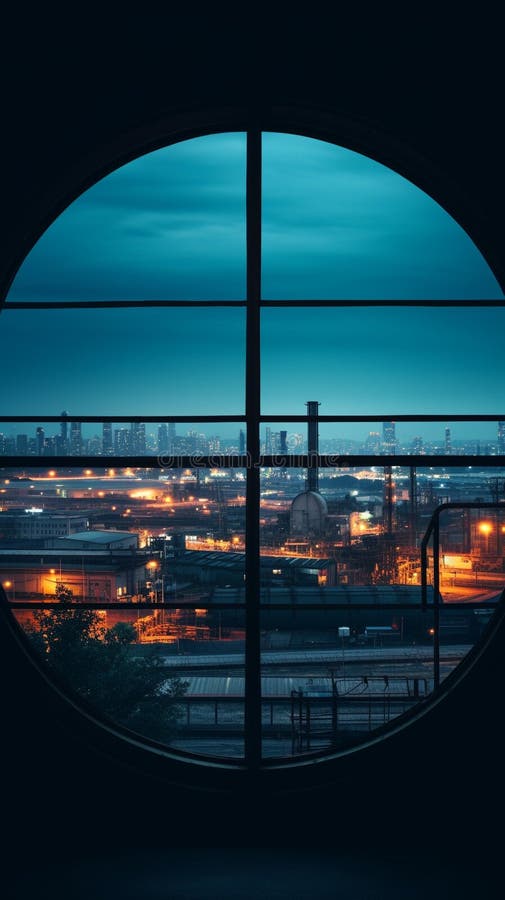 Overlooking a Bustling Manufacturing Plant through a Circular Window ...