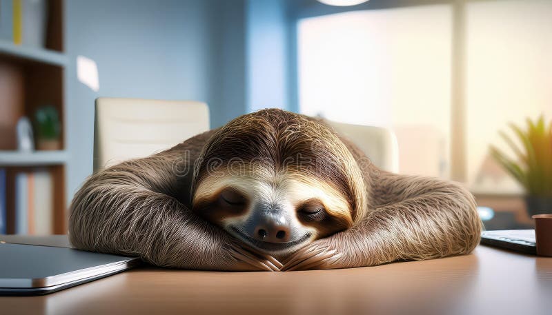 Tired Sloth Resting on Office Desk Amidst Piles of Papers at Dusk ...