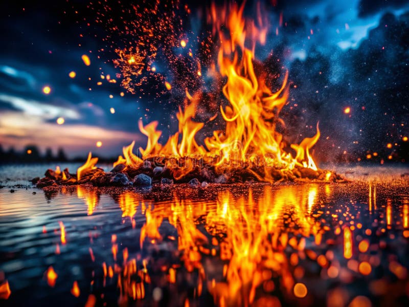 Intriguing Night Photography Glowing Liquid Fire Reflections on a Dark ...
